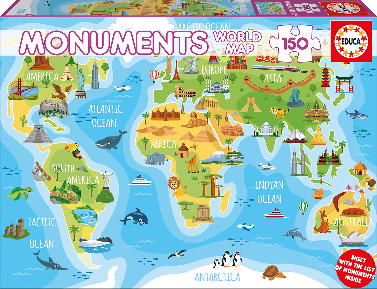 // EDUCA CASSE-TÊTE 150 PIÈCES - CARTE DU MONDE MONUMENTS #18116 ...