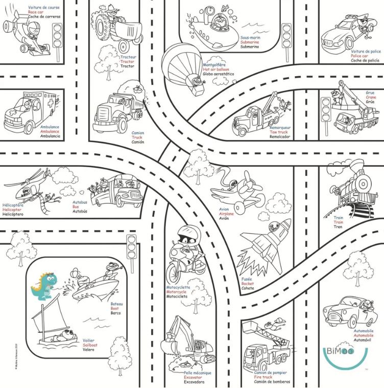 NAPPE ÉDUCATIVE MULTILINGUE À COLORIER - LES TRANSPORTS 45" X 45 ...